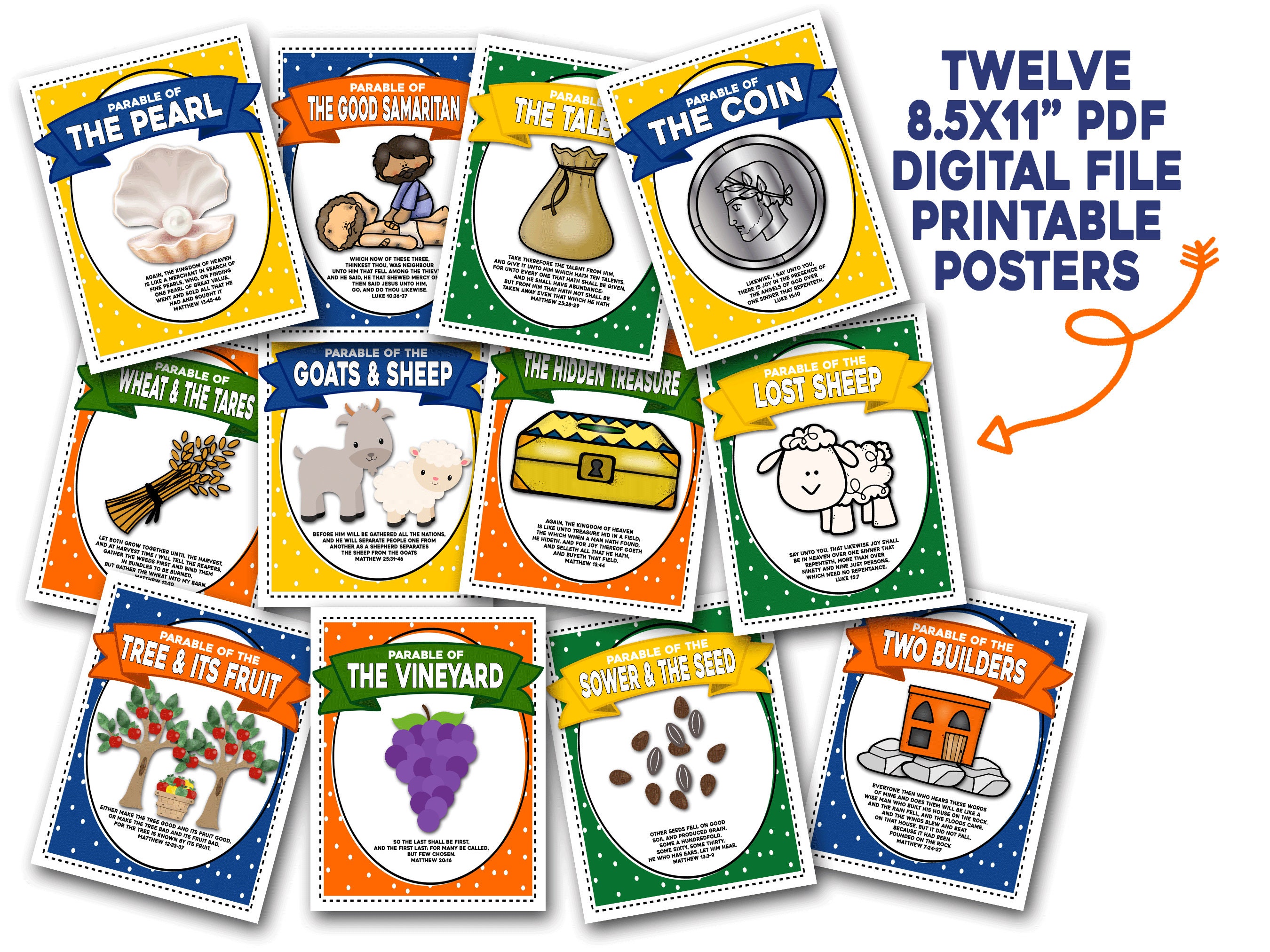 Parable Bible Story Posters, 12 Small Printable Posters of New ...