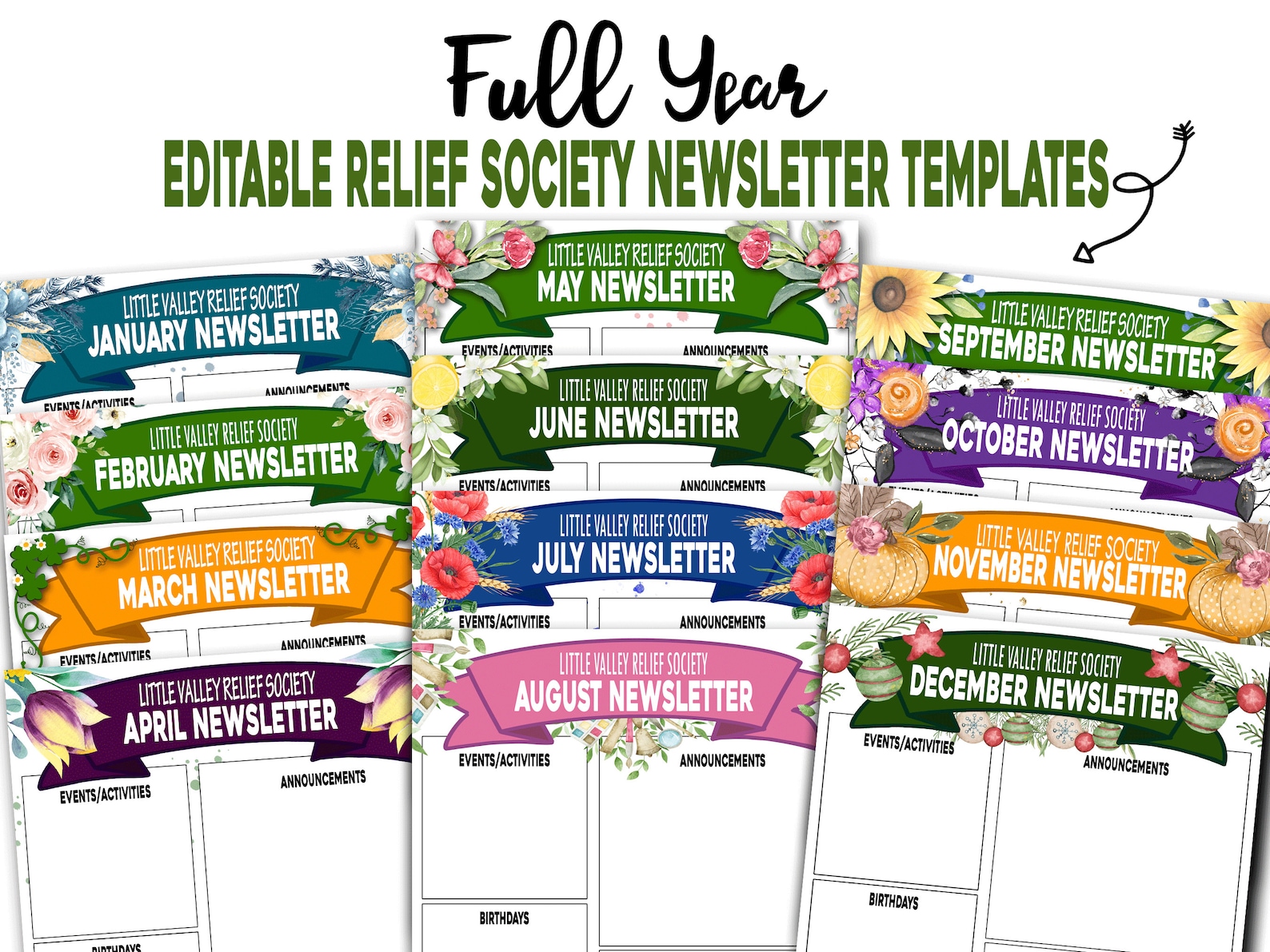 Relief Society Monthly Newsletter Template Bundle Full Year - Etsy