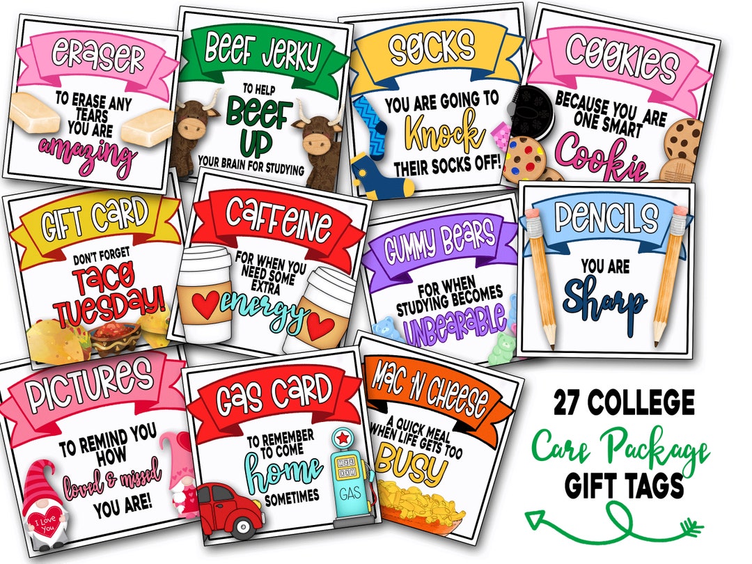 College Care Package Gift Tag Printables - College Survival Kit Gift ...