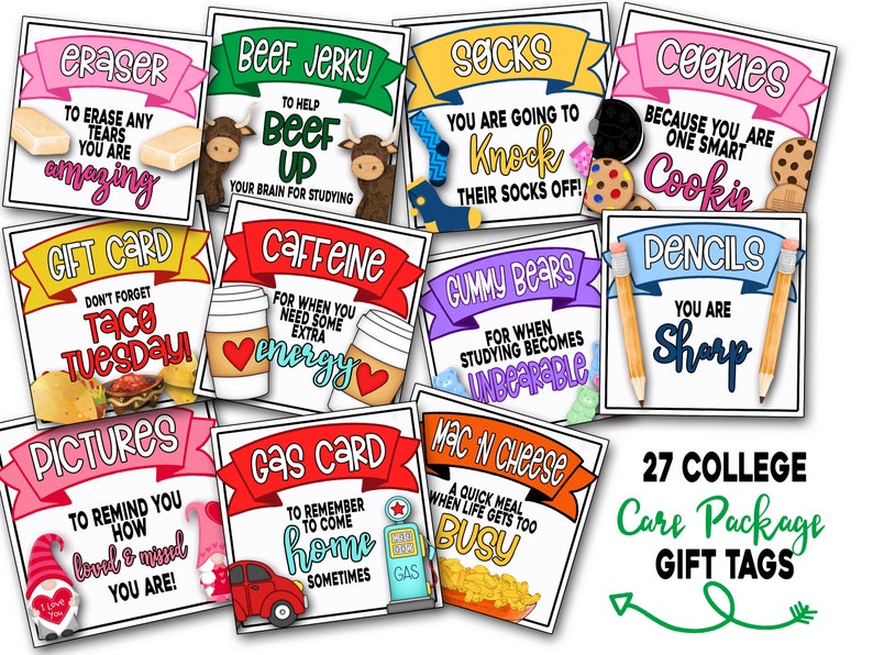 College Care Package Gift Tag Printables - College Survival Kit Gift ...