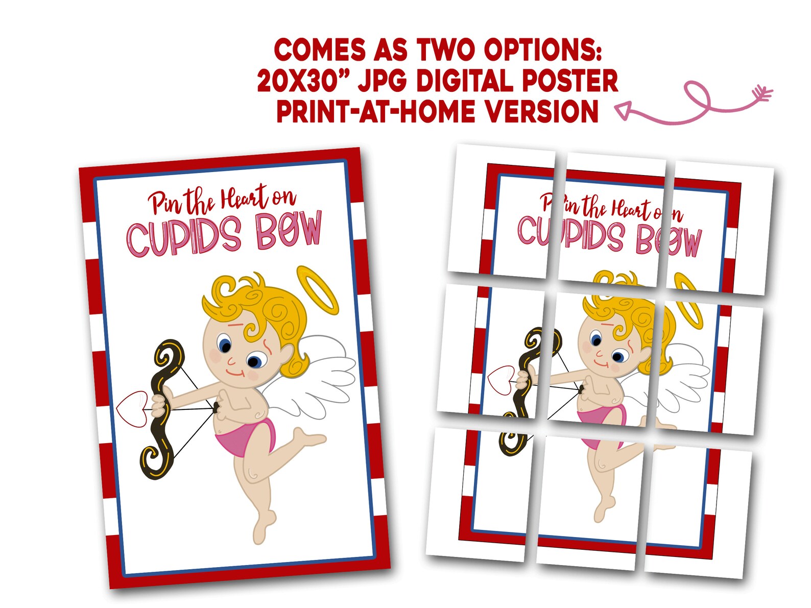 Pin the Heart on Cupids Bow, Printable Valentine's Day Party Kids Game ...