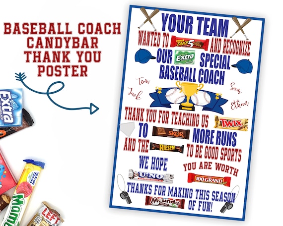 Baseball Coach Candy Gram Poster Coaches Thank You Gift | Etsy