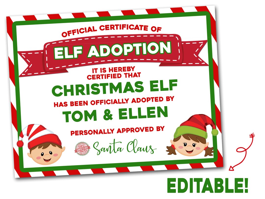 Elf Adoption Certificate, Editable Elf Adoption Certificate, Printable ...