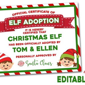 Elf Adoption Certificate, Editable Elf Adoption Certificate, Printable ...
