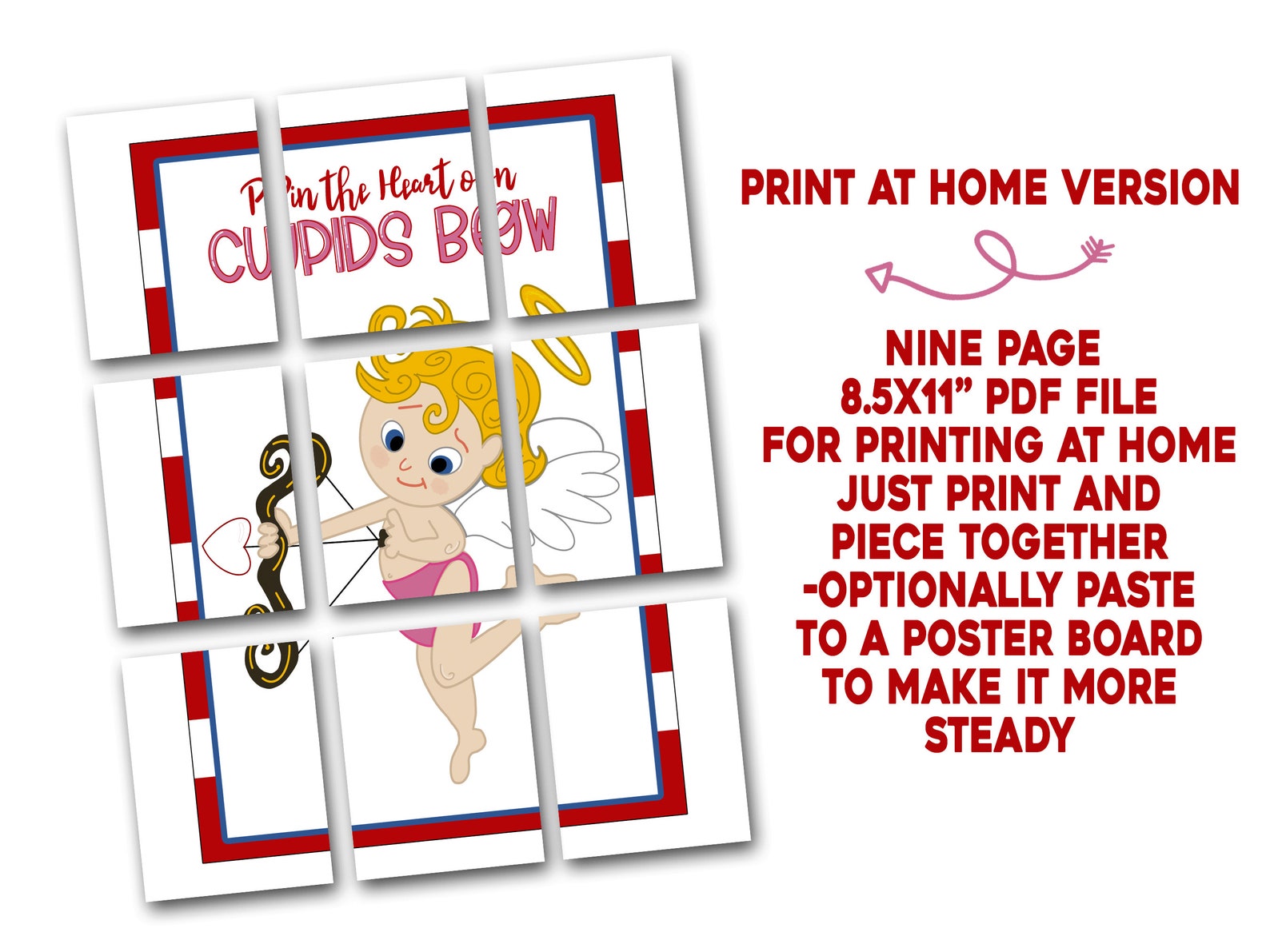 Pin the Heart on Cupids Bow, Printable Valentine's Day Party Kids Game ...