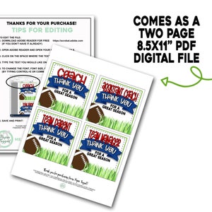 Football Coach Thank You Gift Tags Football Thank You Card - Etsy