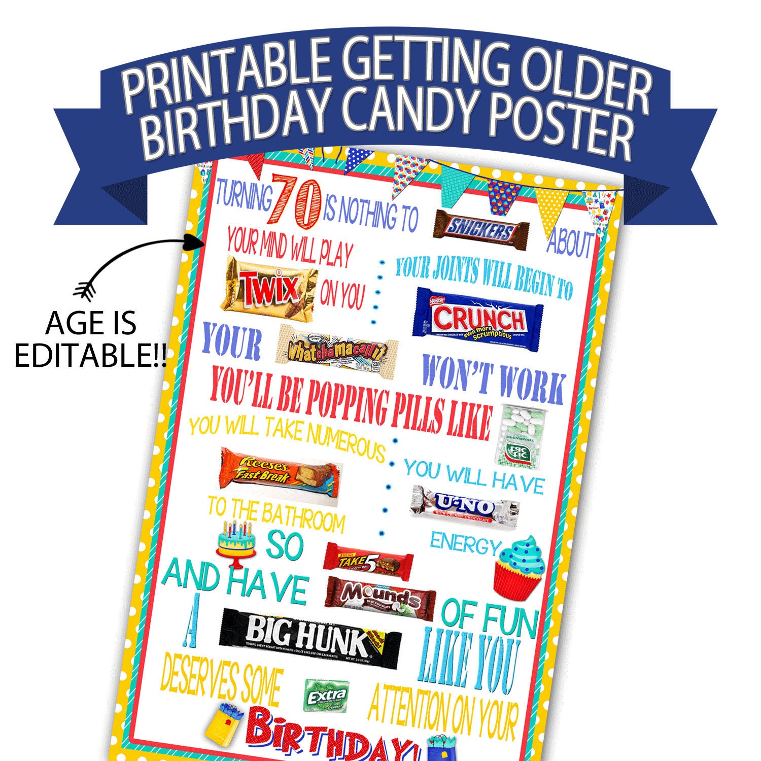 Old Age Over The Hill 60th Birthday Card Poster Using Candy Bars Candy