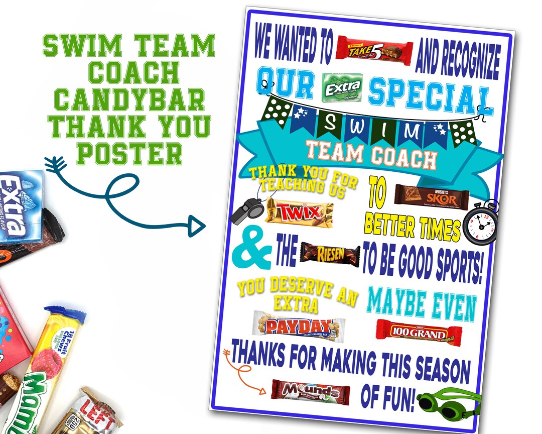 Swim Team Coach Candy Gram Poster, Coaches Thank You Gift, Coach Gift ...