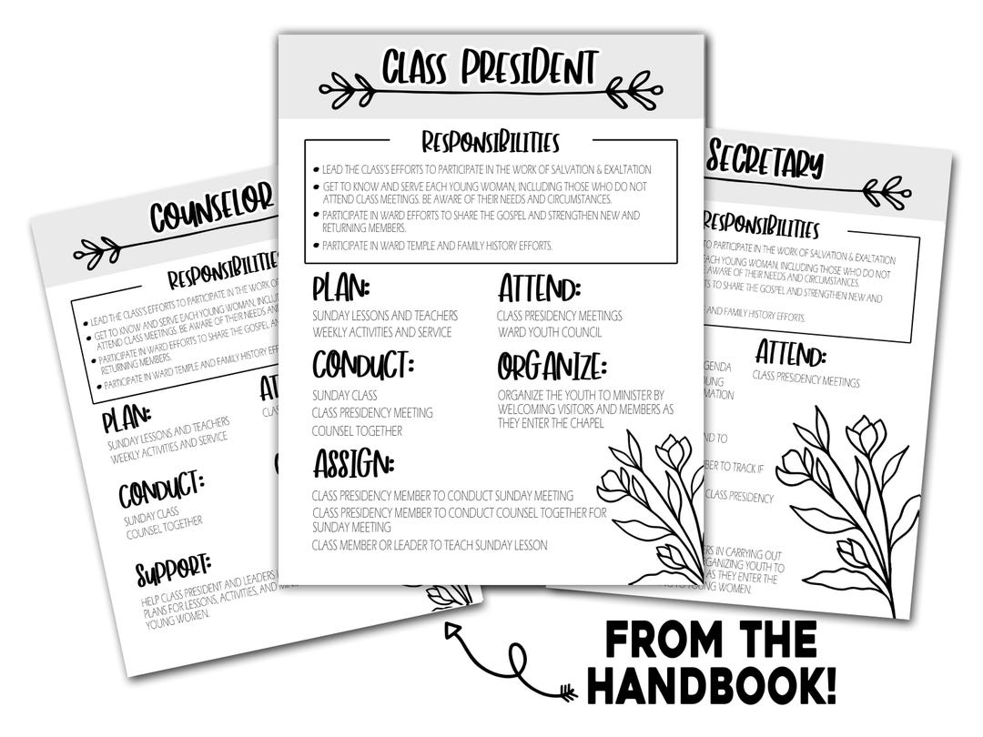 Young Women Class Presidency Responsibilities Sheets, Responsibilities ...