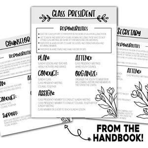 Young Women Class Presidency Responsibilities Sheets, Responsibilities ...