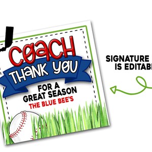 Baseball Coach Thank You Gift Tags, Baseball Thank You Card, Baseball ...