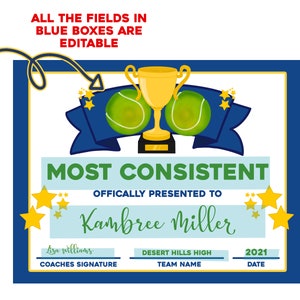 Tennis Team Awards, Editable PDF File, Tennis Certificates, End of ...