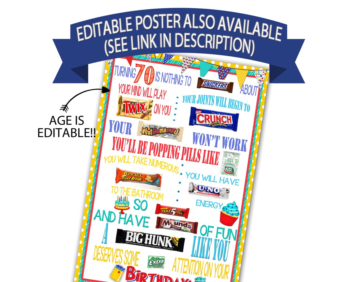 75th Birthday Poster, Candy Bar Poster, Friend Birthday Gift, Printable ...