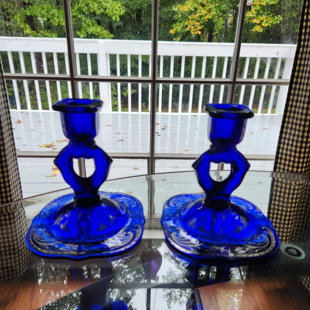 Rare Pair Cobalt Blue Candlesticks W Sterling Silver Overlay Crows Foot ...