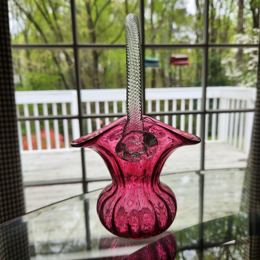 Angelo Rossi Studio Art Glass Cranberry Ribbed Panel Basket W Clear ...