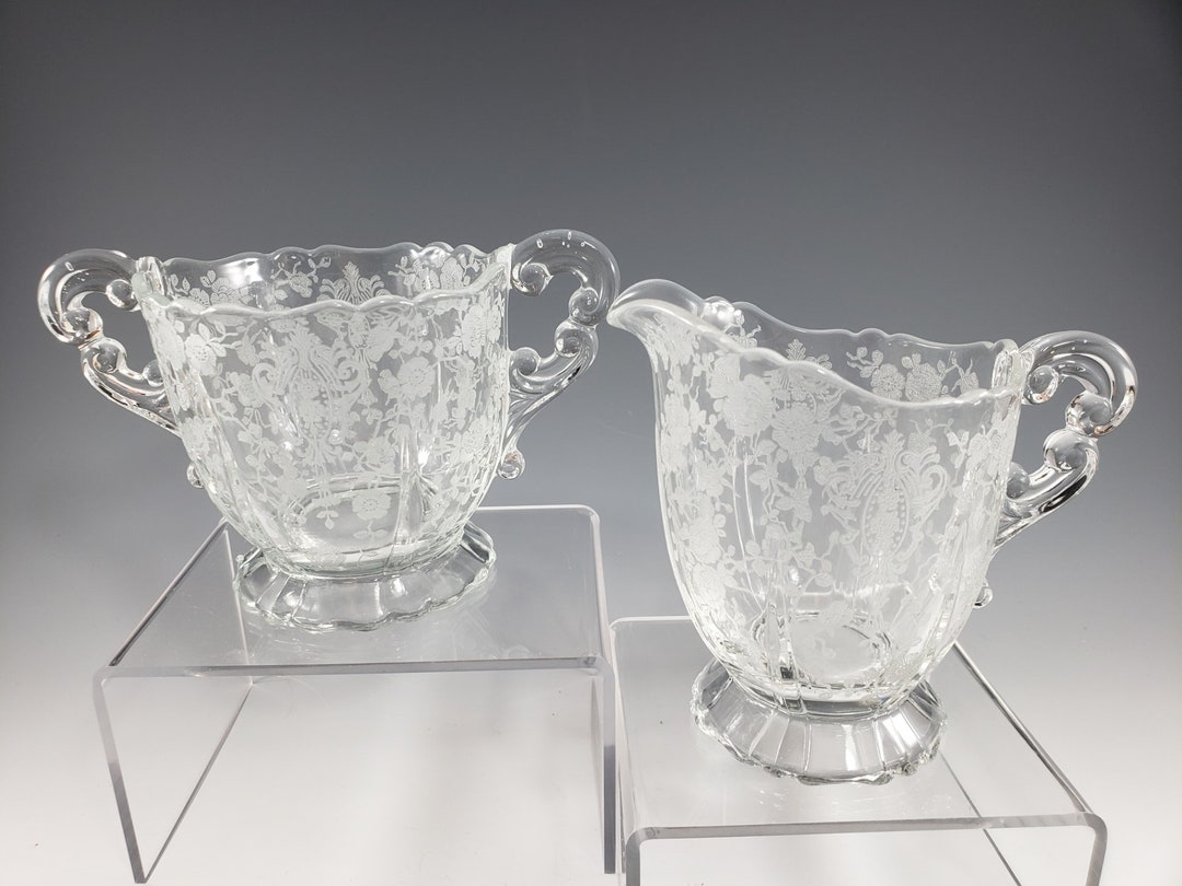 1940s Rose Point Creamer & Open Sugar by Cambridge Glass Etched Rose ...