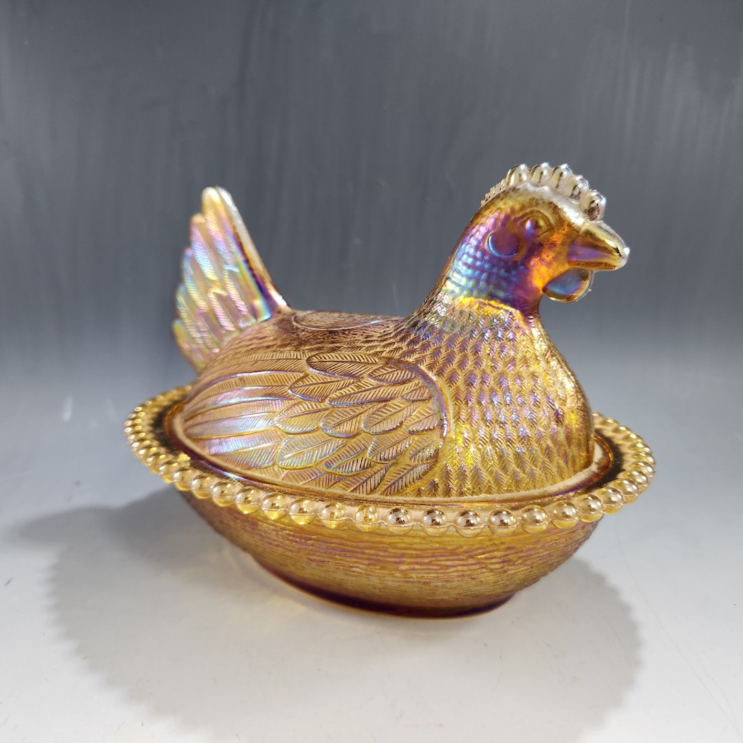 Indiana Glass Hen on Nest Dish Iridescent Gold Carnival Glass Serving ...