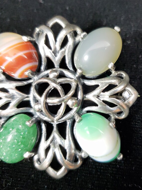 1960s Sterling Silver Celtic Cross Pin with Agate Cab… - Gem