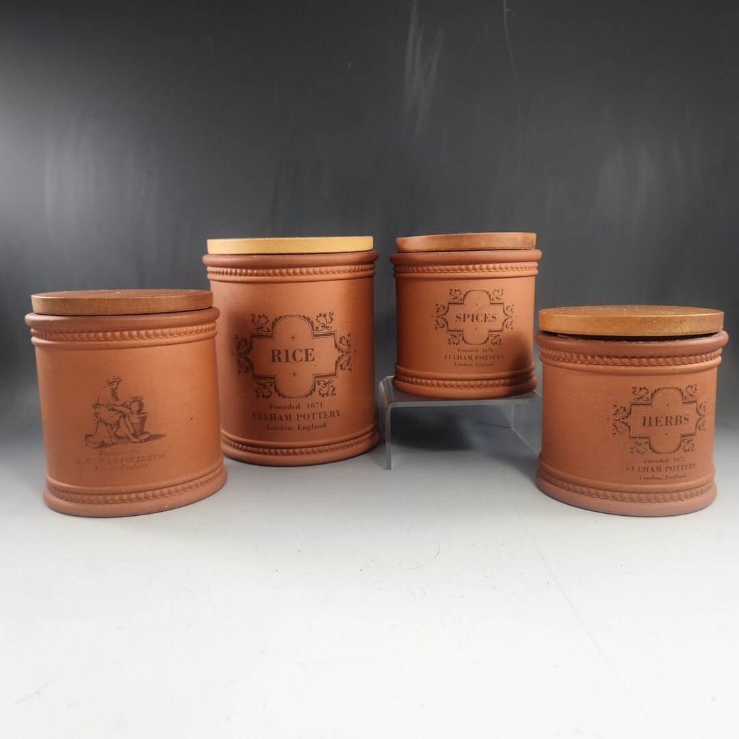 Fulham Pottery Kitchen Storage Canisters Wood Lids Glazed Interior Set ...
