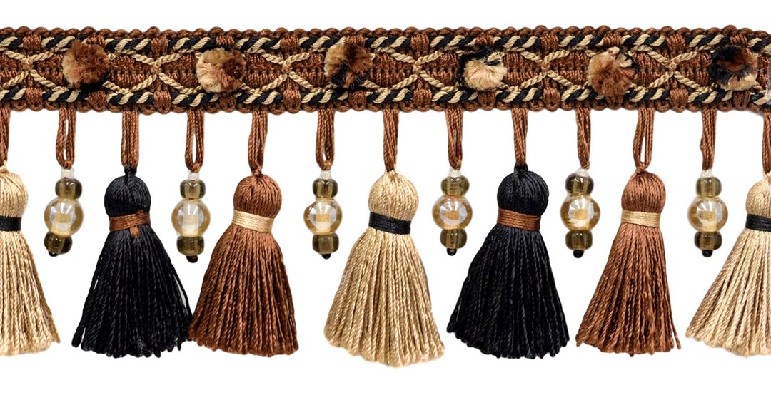 Elegant 3" Long Black, Toast, Brown Braid Beaded Tassel Fringe / Style ...