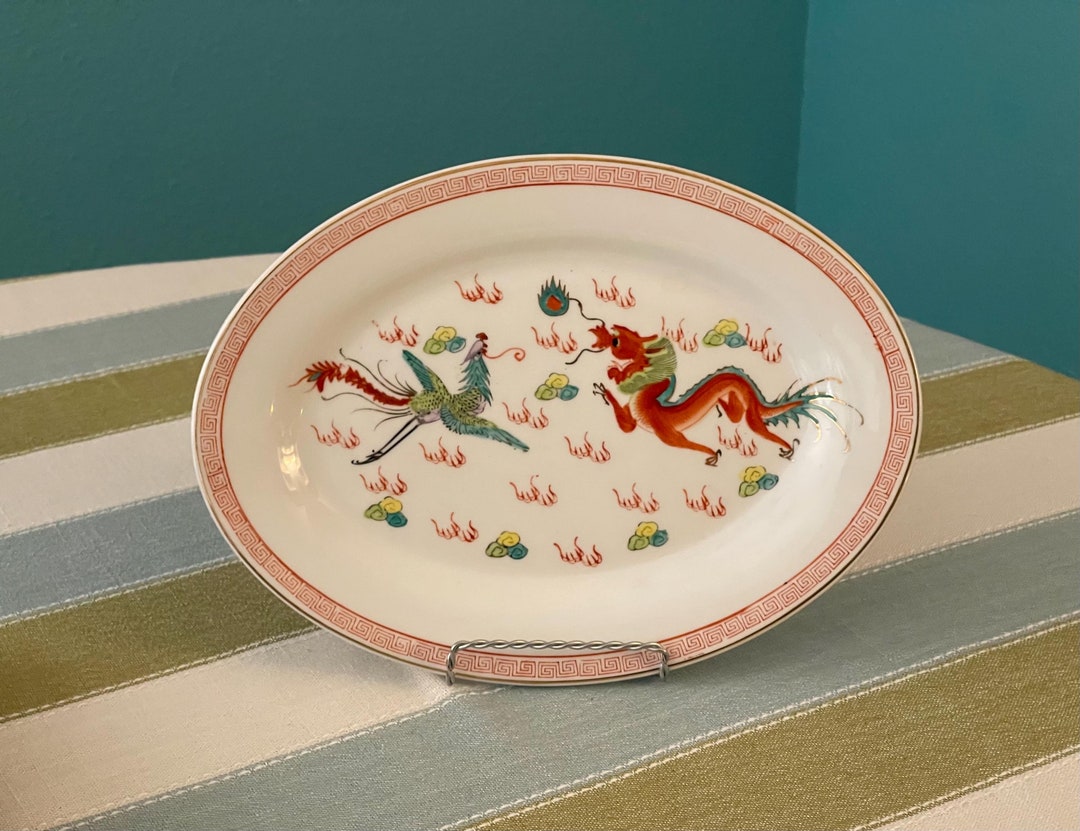 Antique Chinese Dragon and Phoenix Oval Platter With a Gold Trim and ...