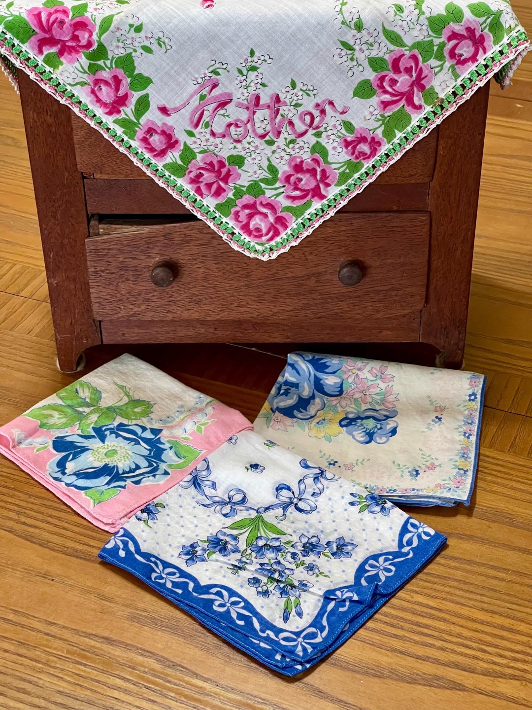 Four Vintage Hankies - One Has Mother in One Corner and Pink and Green ...