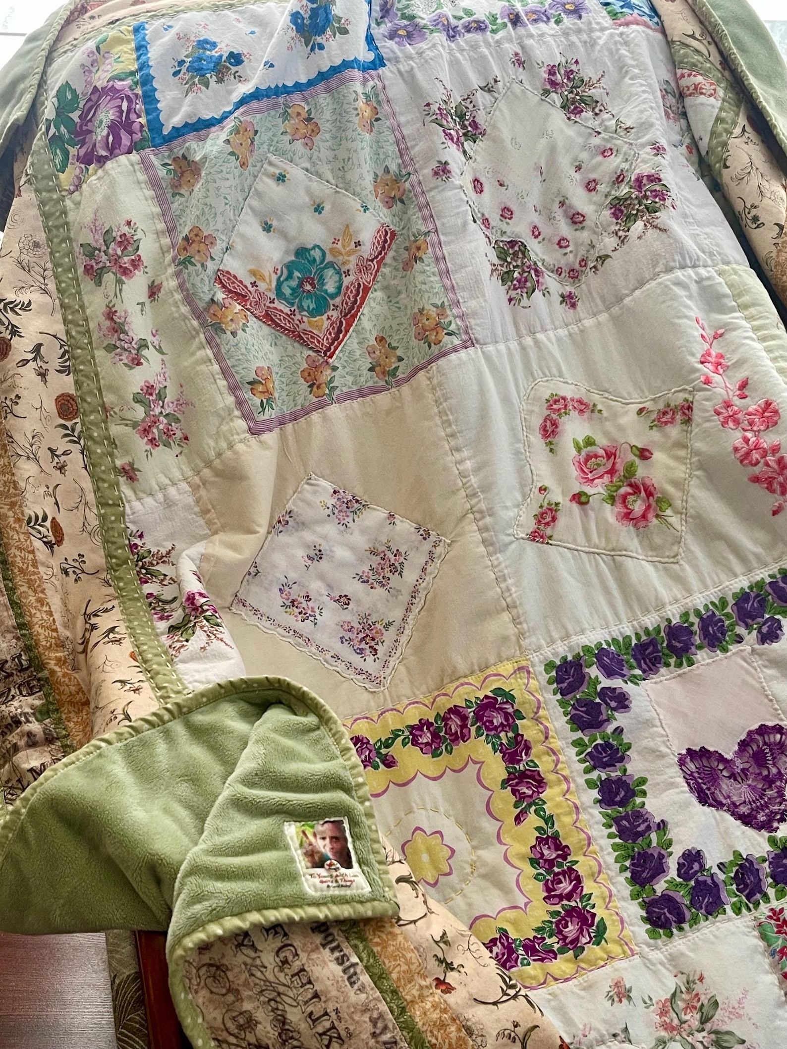Hand-tied Vintage Hanky Lap Quilt: Sage Green Fleece Backer, Hand ...