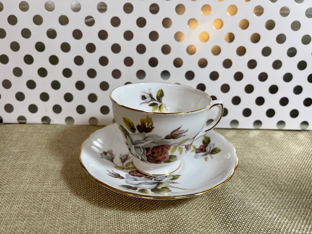 Vintage Royal Vale Bone China Cup and Saucer: Red & Gray Roses, Gold ...