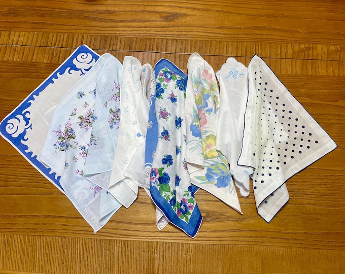 Nine Vintage Hankies With Shades of Blue - Some With Scalloped Edges ...