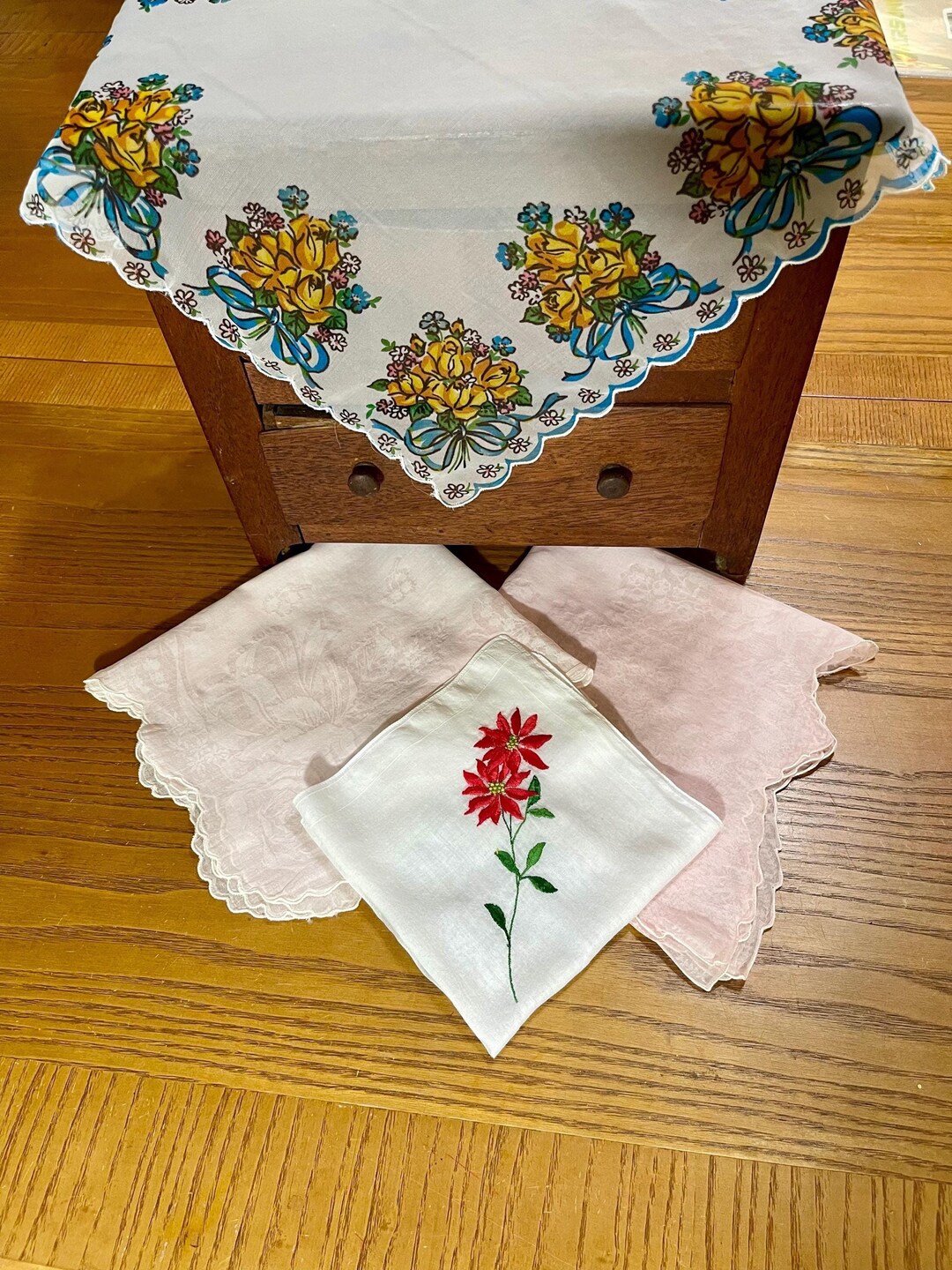 Vintage Hankies - Three Large Hankies With Scalloped Edges - One Sheer ...