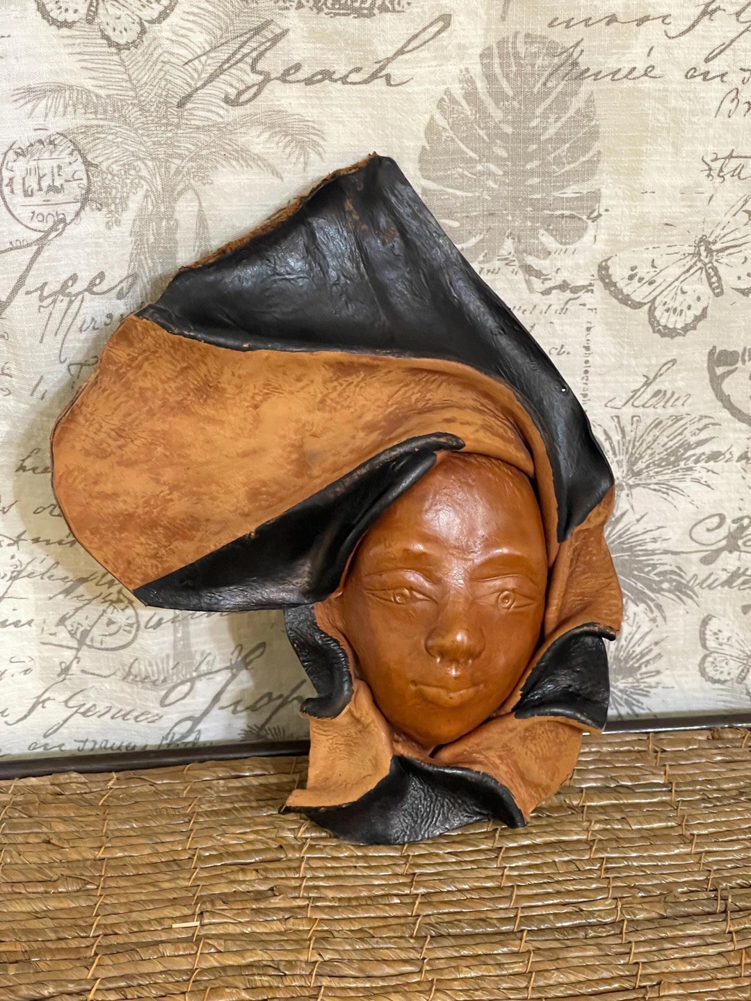 Leather Face Sculpture, Tan and Black Leather Face for Home Decor ...