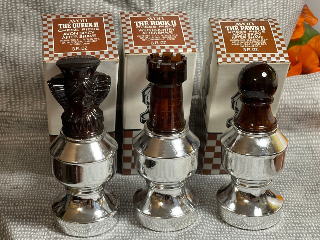 Three Vintage Avon Chess Pieces the Queen II, the Rook II, and the Pawn ...