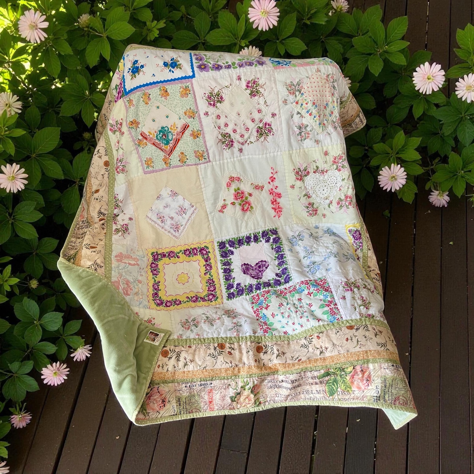 Hand-tied Vintage Hanky Lap Quilt: Sage Green Fleece Backer, Hand ...