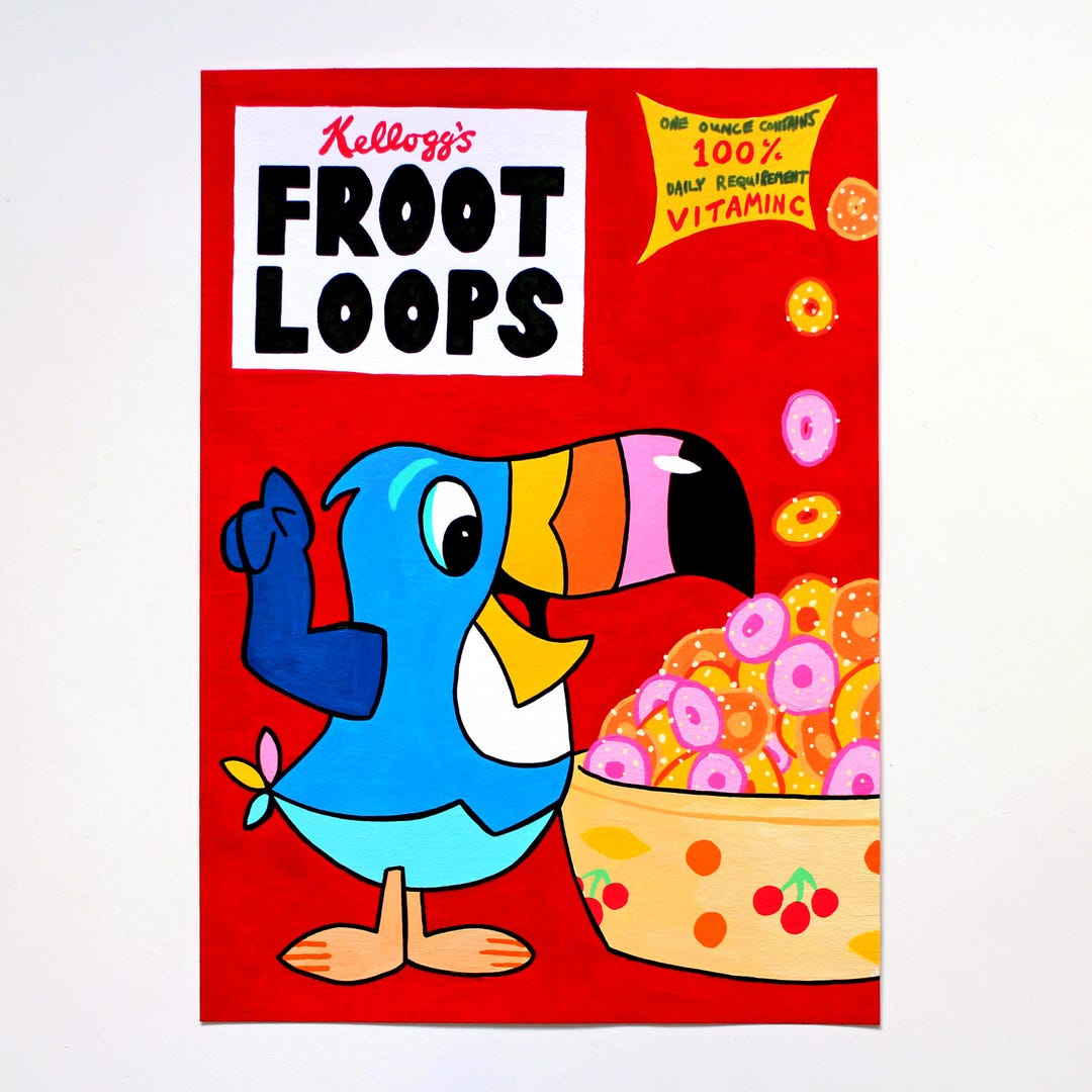 Froot Loops Retro Cereal Box, Pop Art Painting on A4 Paper, Vintage ...