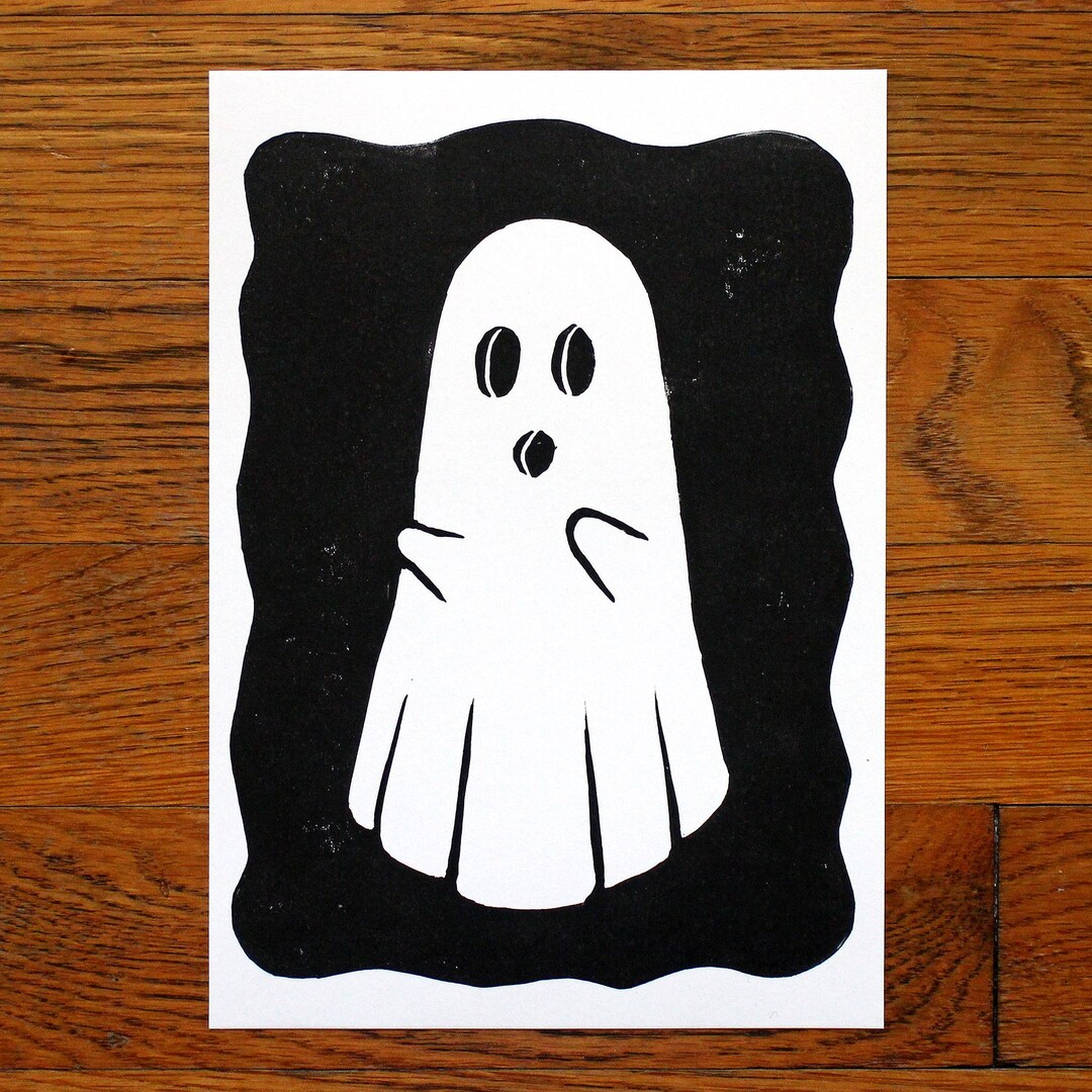 Ghost Lino Print: Spooky Handmade Linocut in Black Ink - Etsy