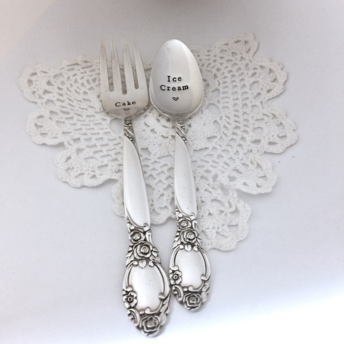 Custom Hand Stamped Fork & Spoon Set, Engraved Dessert Spoon, Wedding ...