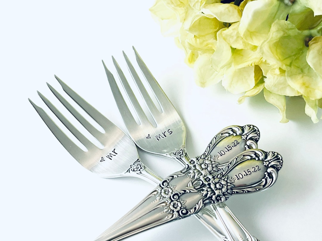 Custom Wedding Forks - Vintage Hand Stamped Dessert Fork Set - Wedding ...