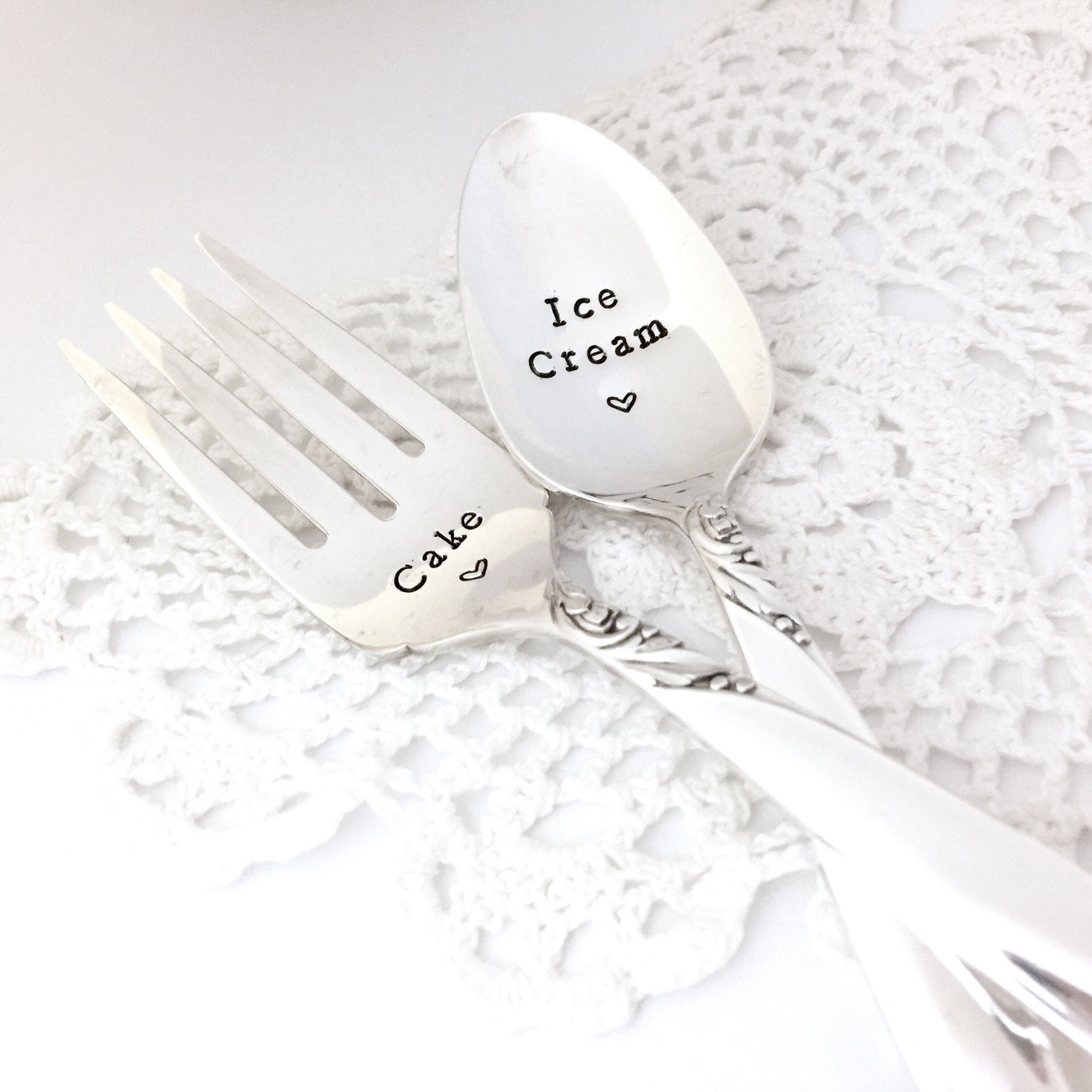 Custom Hand Stamped Fork & Spoon Set, Engraved Dessert Spoon, Wedding ...