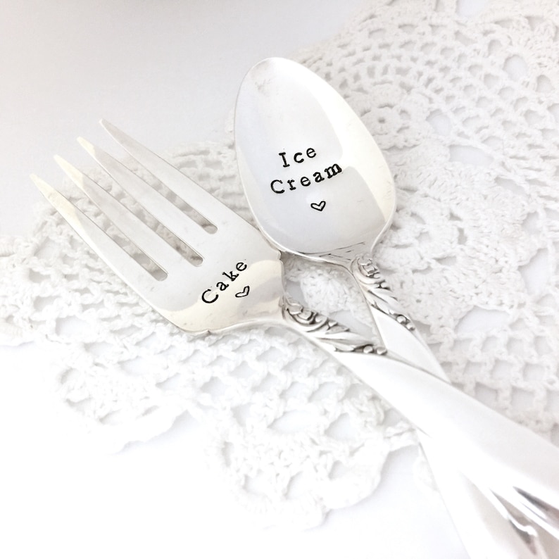 Custom Hand Stamped Fork & Spoon Set Engraved Dessert Spoon - Etsy