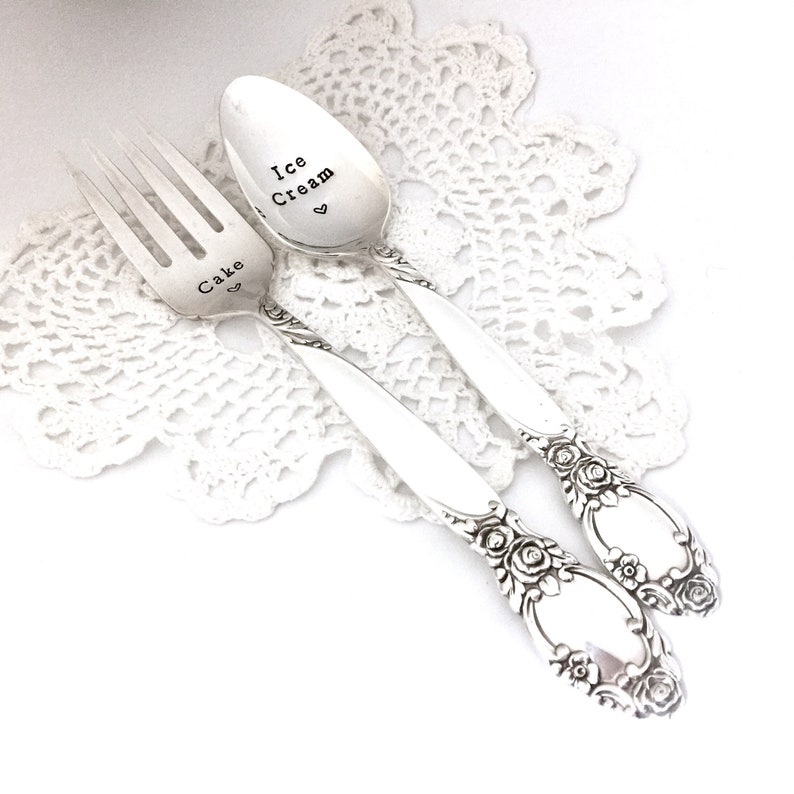 Custom Hand Stamped Fork & Spoon Set Engraved Dessert Spoon - Etsy