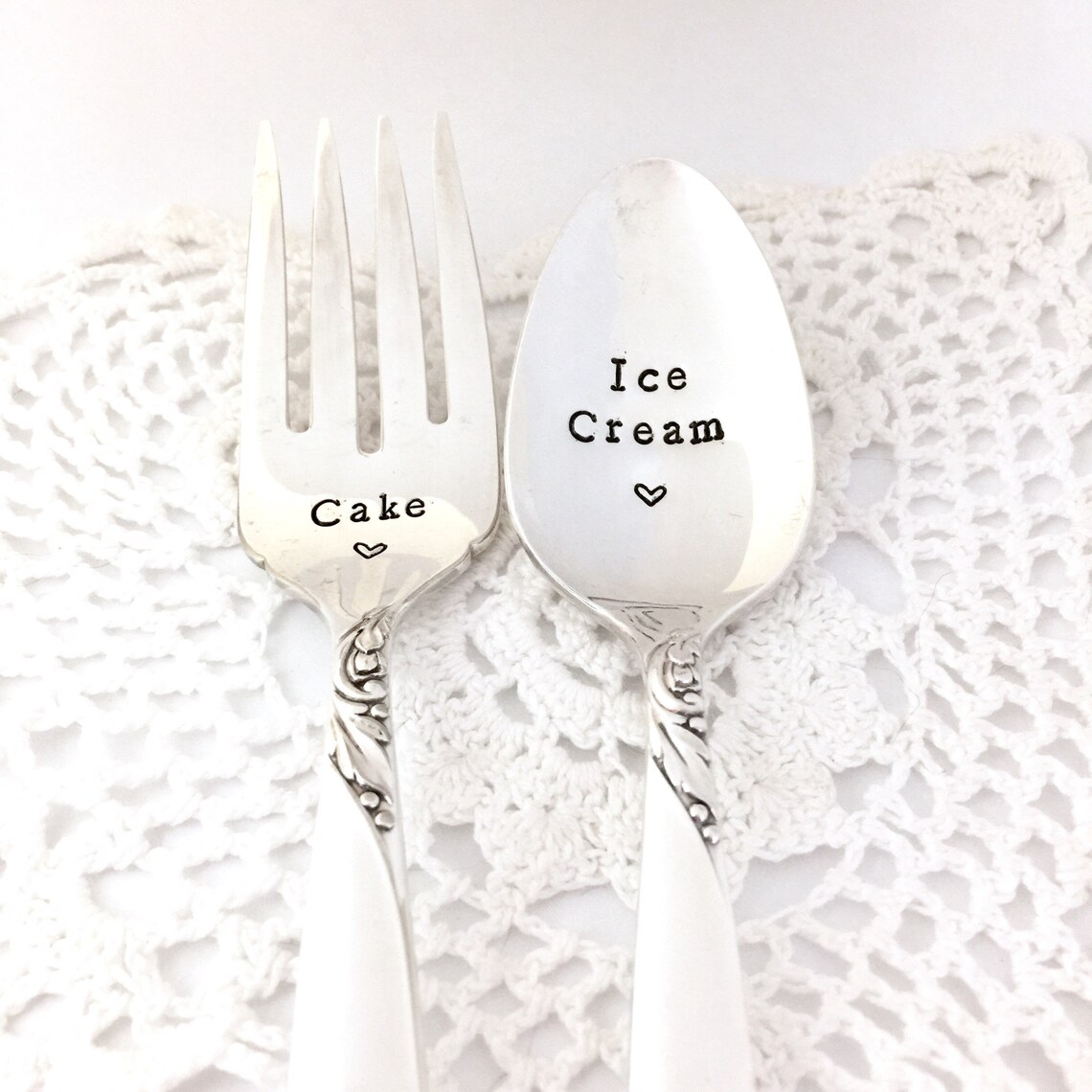 Custom Hand Stamped Fork & Spoon Set, Engraved Dessert Spoon, Wedding ...