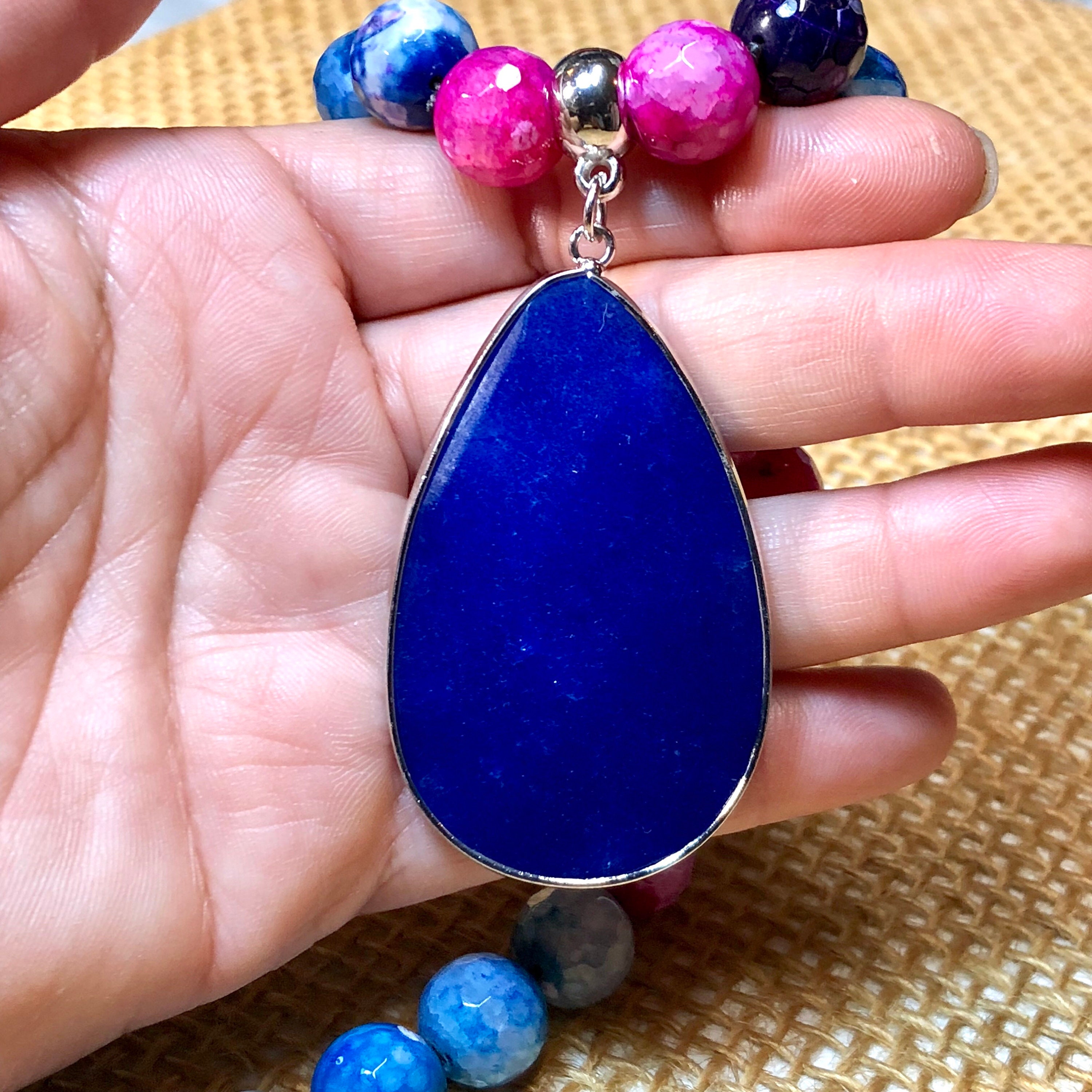 Blue necklace, colorful necklace, gemstone necklace, pink necklace ...