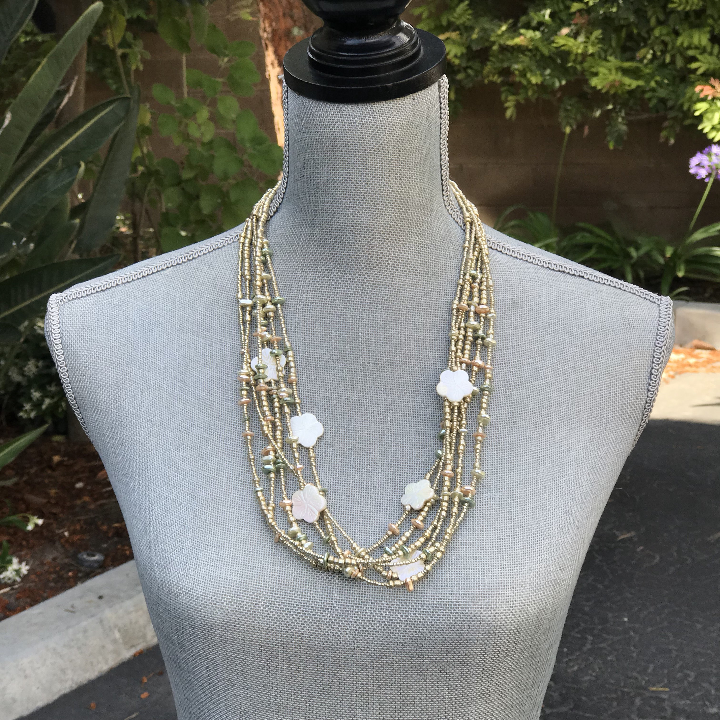 Gold necklace, multi strand necklace, flower necklace, women necklace ...