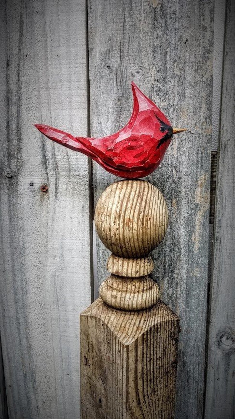 Wood Carved Cardinal Garden Post Bird - Etsy