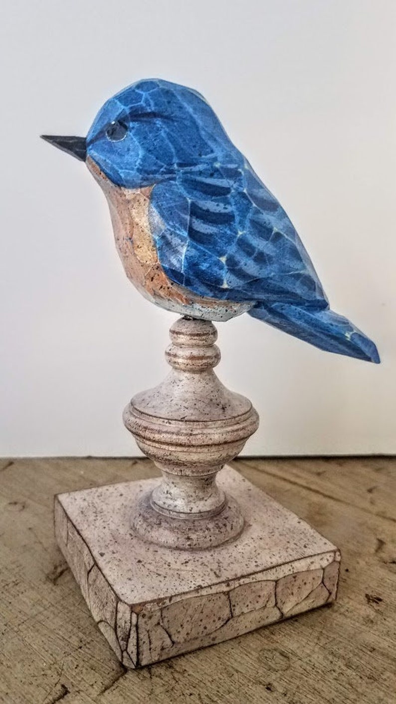 Hand Carved Blue Bird Carved From White Pine. Perched on - Etsy