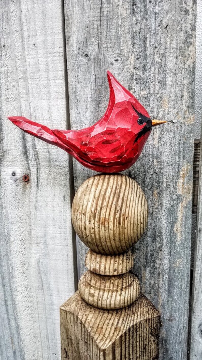 Wood Carved Cardinal Garden Post Bird - Etsy