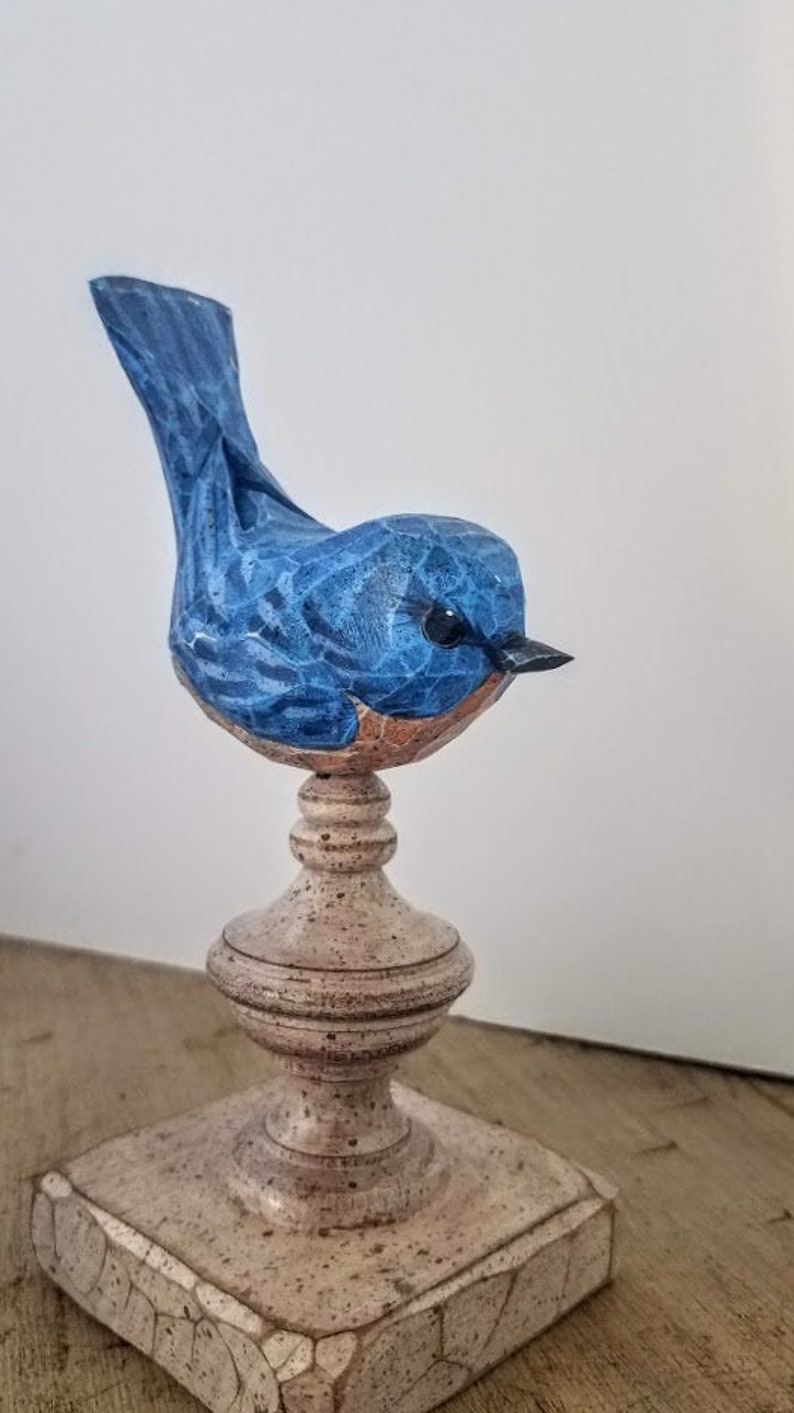 Hand Carved Blue Bird Carved From White Pine. Perched on Antiqued ...