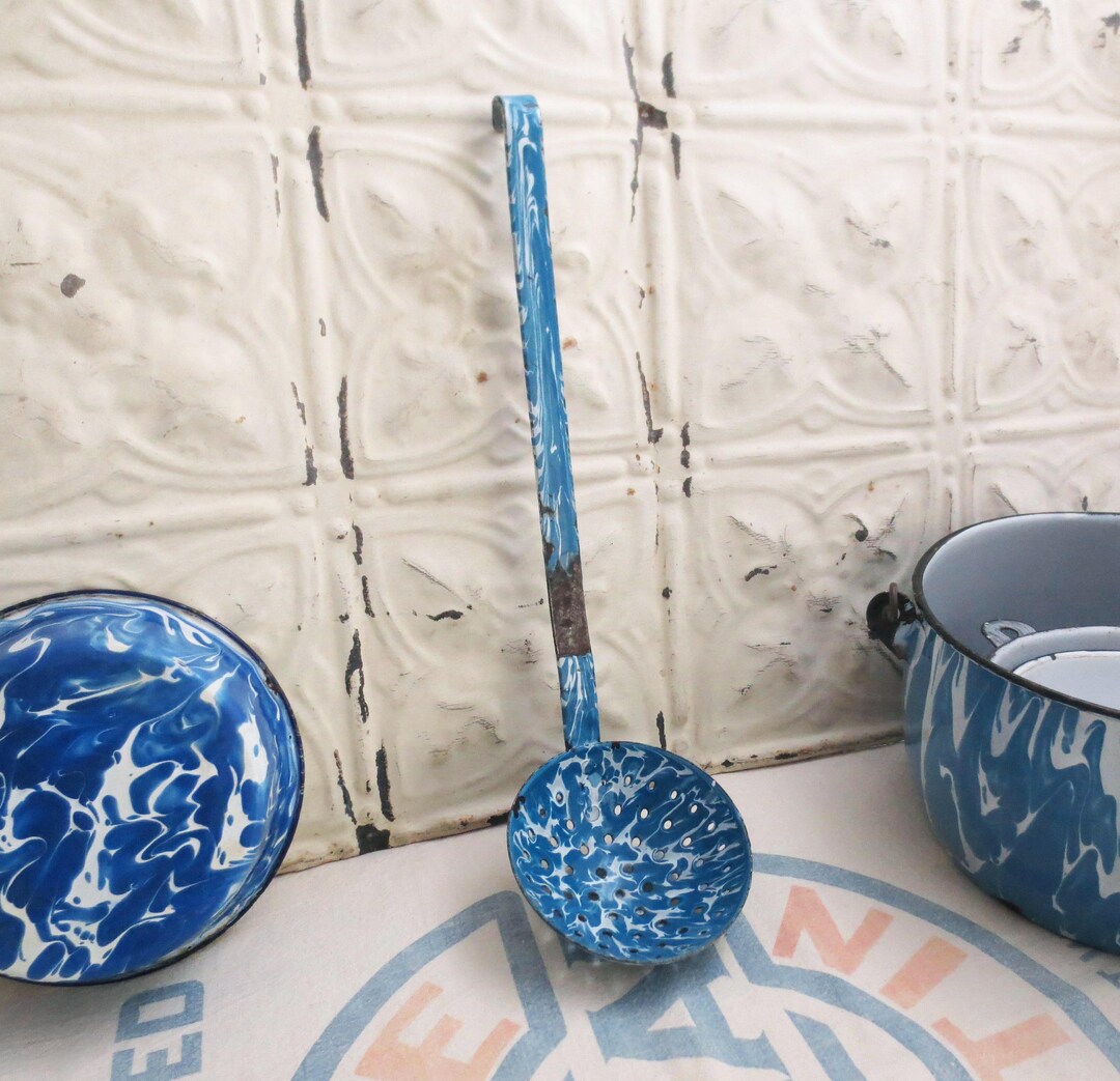 Vintage Graniteware Soup Strainer Ladle, Long Handle Dipper, Blue ...