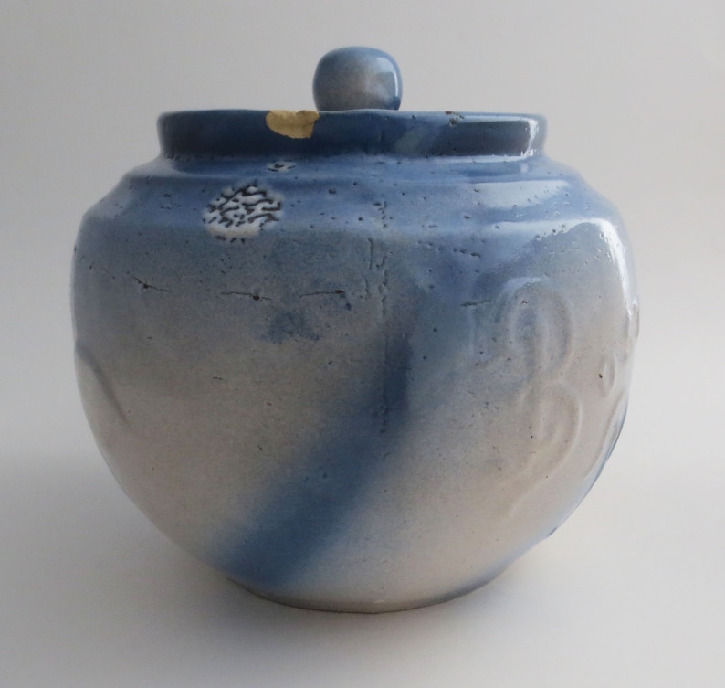 Antique Salt Glazed Stoneware Bean Pot, Boston Baked Beans Crock, Blue ...