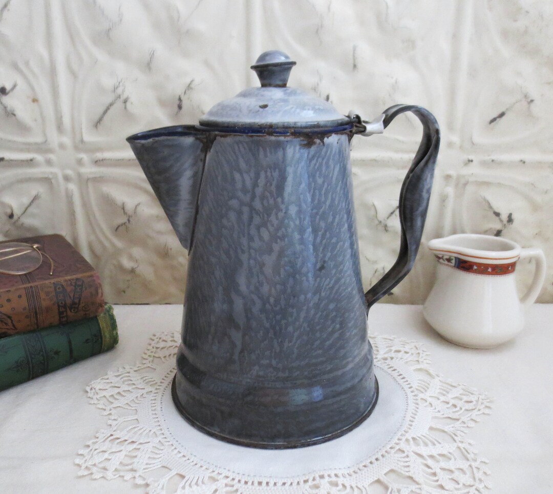 Antique Graniteware Coffee Pot ~ Rustic Chippy Gray Enamel Primitive ...